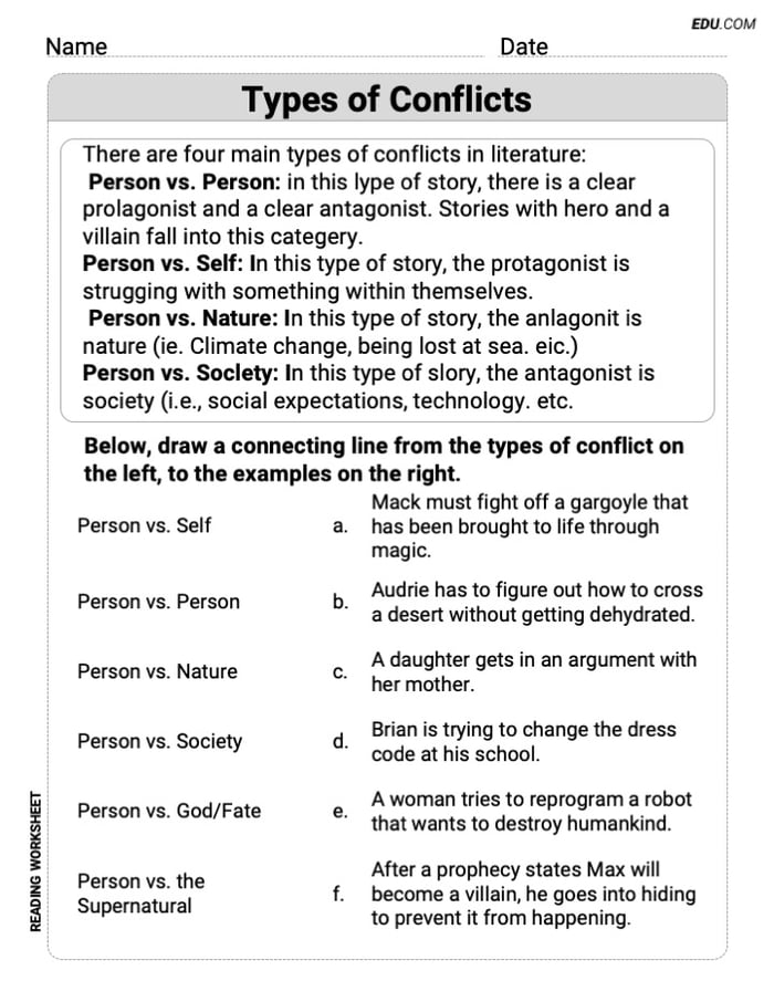 Types of Conflicts – Printable Reading Worksheets for Grade 6 | EDU.COM
